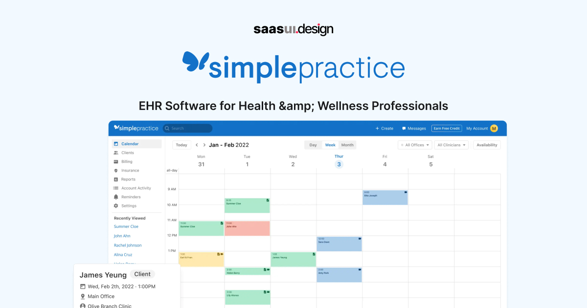 SimplePractice | UI, UX Design | SaaS | Application Design | saas ui